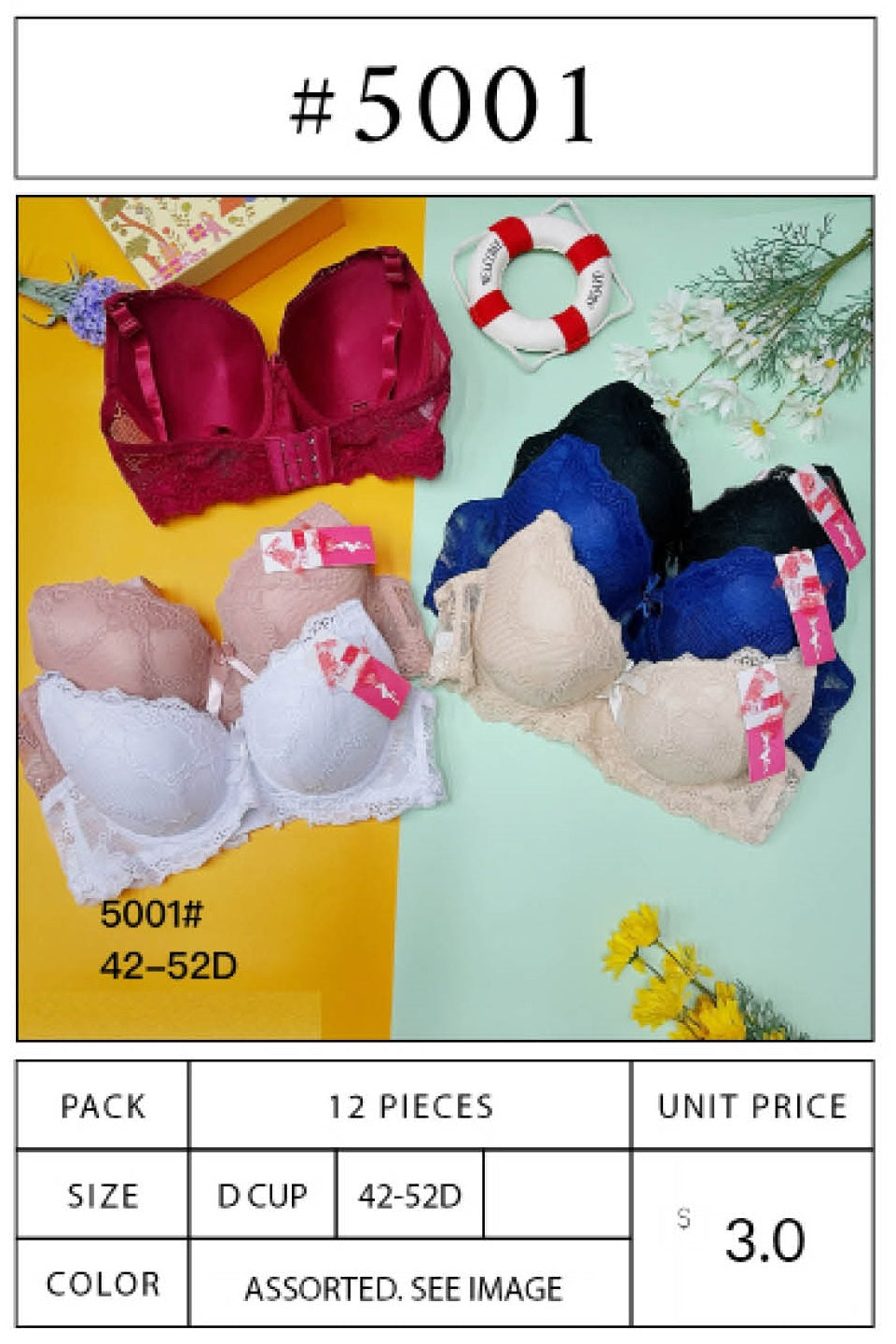 Style: #5001Package Unit: 12 pc/ pack. 72pc/caseSizes: 42D - 52DSize ...