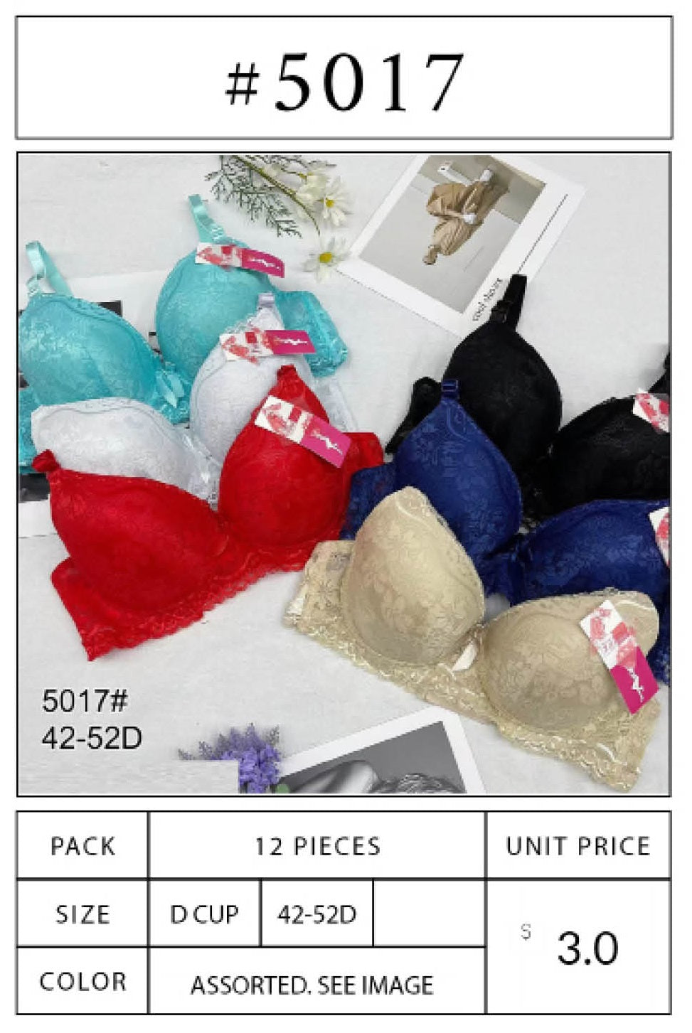 Style: #5017Package Unit: 12 pc/ pack. 72pc/caseSizes: 42D - 52DSize ...