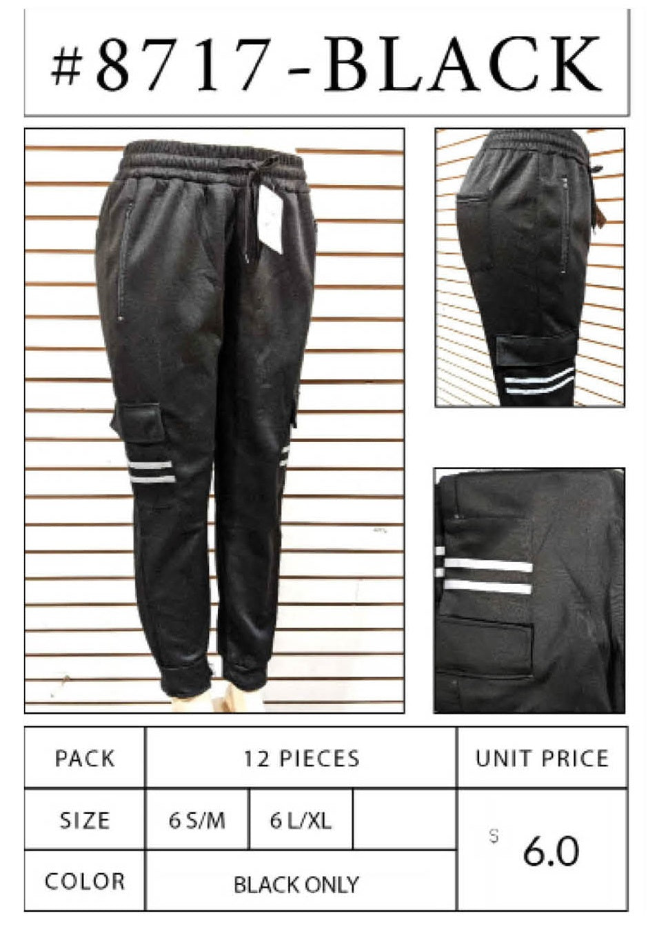 Style: #8717-BLACKPackage Unit: 12 pc/ pack. 48pc/caseSizes: S/M & L ...